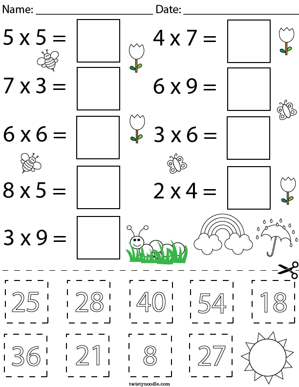 Spring Multiplication Cut and Paste Math Worksheet - Twisty Noodle